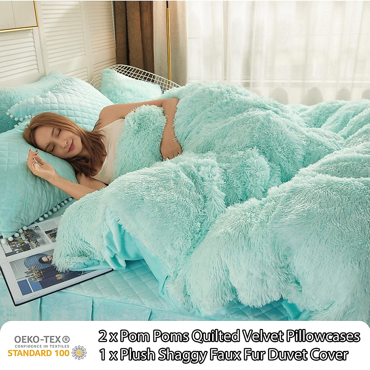 LIFEREVO Luxury Plush Shaggy Duvet Cover Set, Soft Velvet Fluffy Furry Duvet Cover Set(1 Faux Fur Fuzzy Comforter Cover + 2 Pom Poms Pillow Cases) Solid Bedding Set, Zipper Closure(Full/Queen, Mint)