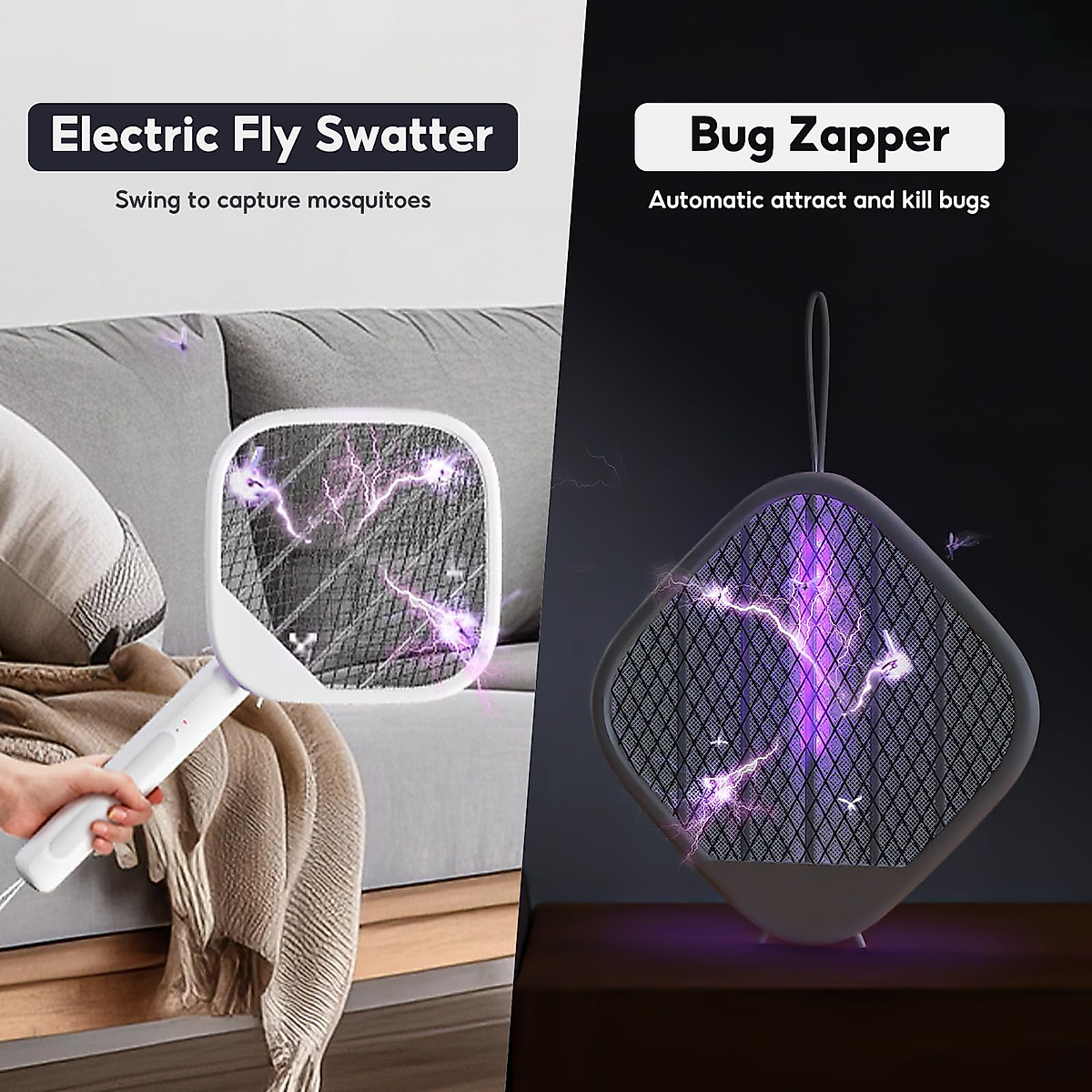 Qualitell Fly Swatter Electric Zapper Rechargeable, Mosquito Zapper Racket Kills Mosquitoes in Corners, Fly Zapper Folding Hanging Standing Handheld LED UV Bug Trap Light for Indoor Outdoor