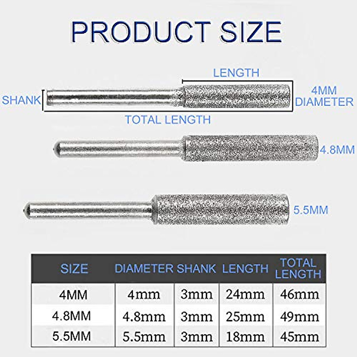 JONMON Burr Grinding Stone File - 6Pcs 3mm Shank 5/32" 3/16" 7/32" Diamond Chainsaw Sharpener Rotary Bit Set Polishing Sharpening Garden Tool for Lawn Mower Chainsaw Parts Garden,120-150 Grit