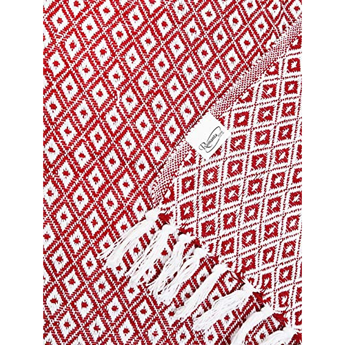 Throw Blanket With Fringes in Mini Diamond Design 50x60 Inch -Red White, Cotton Throw For Sofa, Chair, Bed, & Everyday Use, Well crafted for durability, Farmhouse Throw,All Season Throw Blanket