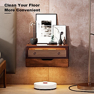 MUSSTUFIC Floating LED Nightstand, Smart Sensor Bedside Wall Mounted Wood Side End Table with 2 Storage Drawers for Bedroom Dorm Small Space, Dark Walnut (Walnut, 1 pcs)