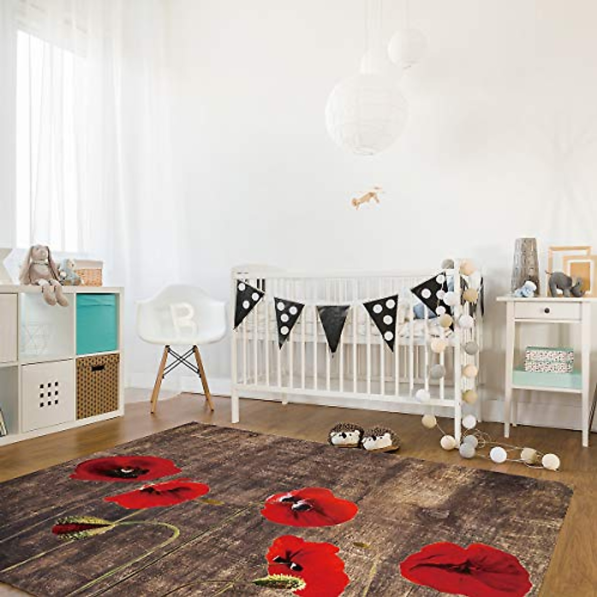 Indoor Area Rugs, Poppy Flower Wooden Background Non-Slip Rubber Backing Rug, Non-Shedding Floor Carpet Washable Throw Rug for Living Room Bedroom Dining Home, 4' x 6'