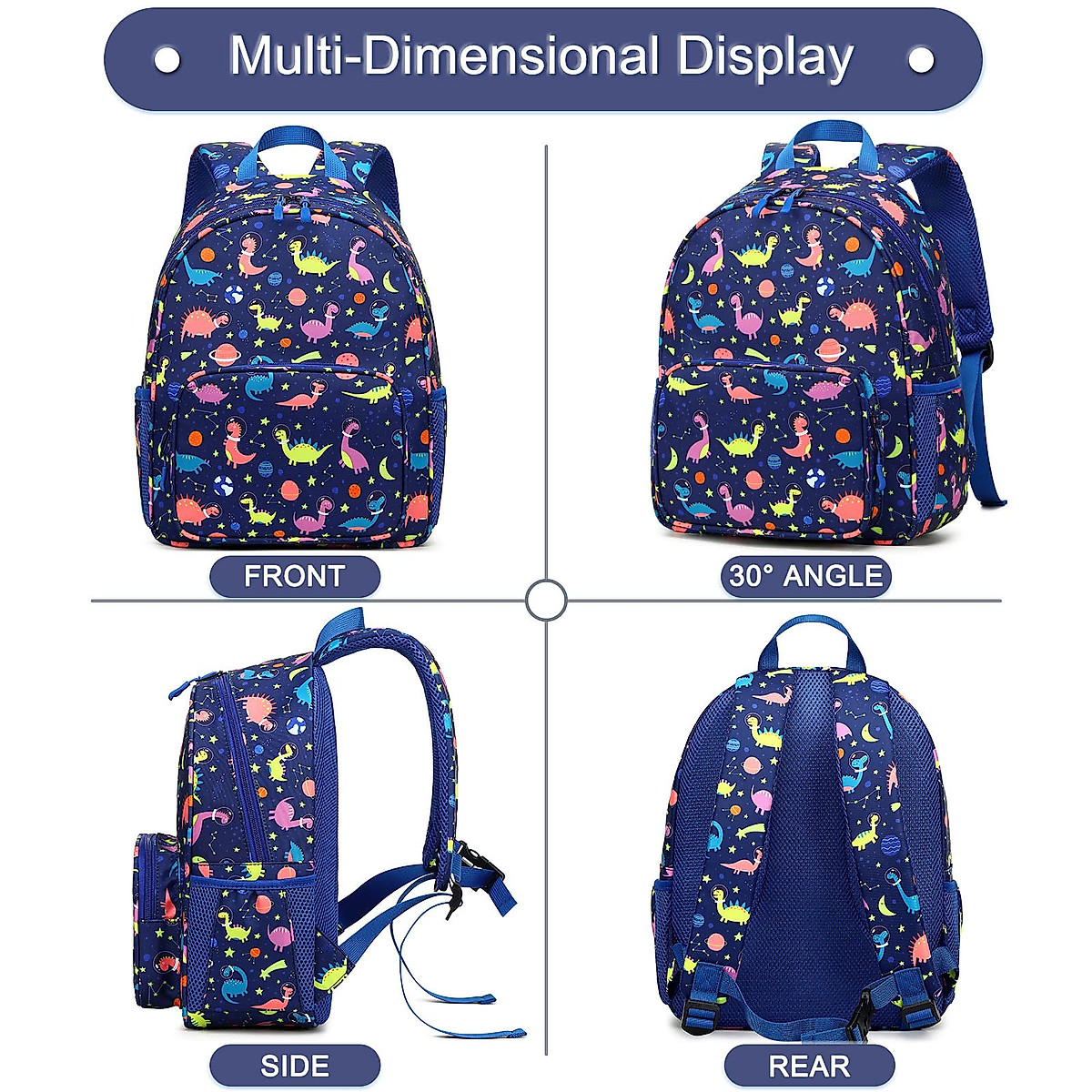 Backpack Toddler Girl, 13.80" x 11.02" x 4.72" Unicorn Backpacks with Adjustable Padded Shoulder Straps For Age 3-6 (Dark Blue Dinosaur)