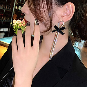 Missgrace Bohemian Dainty Silver Long Rhinestones Tassels Black Bowknot Statement Drop Dangle Earrings for Women Fashion Girls Tessels Earrings Set Stud Hoops Bar Earrings Set for Women (Pattern 2)