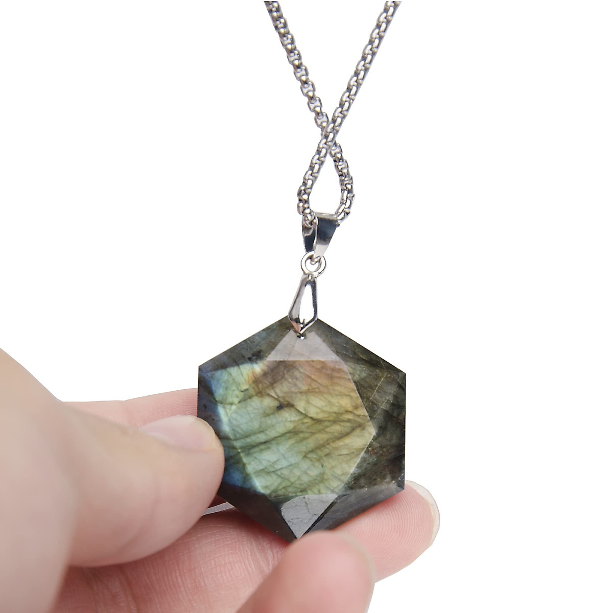 Labradorite Stone Dragons Heart Pendant Necklace, Natural Labradorite Hexagon Wrap Necklace for Men Women, Healing Crystal Energy Necklace