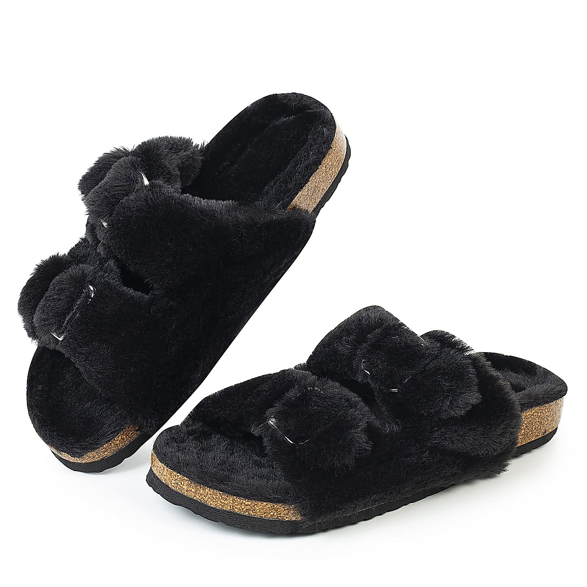 FITORY Womens Open Toe Slipper with Cozy Lining,Faux Rabbit Fur Cork Slide Sandals Black Size 9