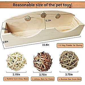 Hamiledyi Rabbit Hay Feeder Rack Bunny Grass Holder Wooden Food Feeding Manger with 3 Kinds of Grass Balls Less Wasted Hanging Hay Dispenser for Guinea Pigs Gerbil Chinchillas Squirrels Ferret