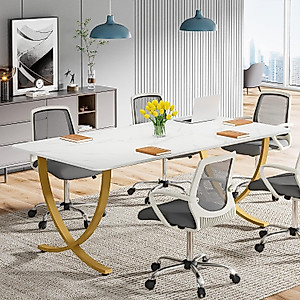 Tribesigns Executive Desk, 63” W x 31.5” D Large Office Desk, Modern Computer Desk Conference Table Meeting Room Table, Business Furniture for Home Office, White and Gold
