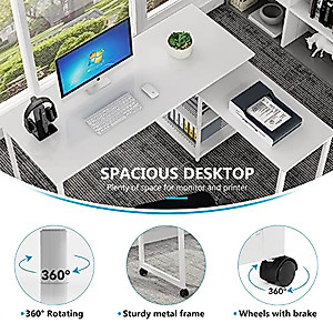 TRIBESIGNS WAY TO ORIGIN 55 Inch Reversible Office Desk, 360° Rotating L-Shaped Computer Desk with Storage Shelves, Modern Home Office Corner Desk Study Writing Table, High Glossy White