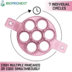 BIOPRONEXT Silicone Non Stick Pancake Maker - 7 Circles Mini Pancake Mold - Silicone Pancake Mold - Silicone Egg Rings for Griddle with Handles - Pancake Molds for Griddle Frying Eggs - Pink