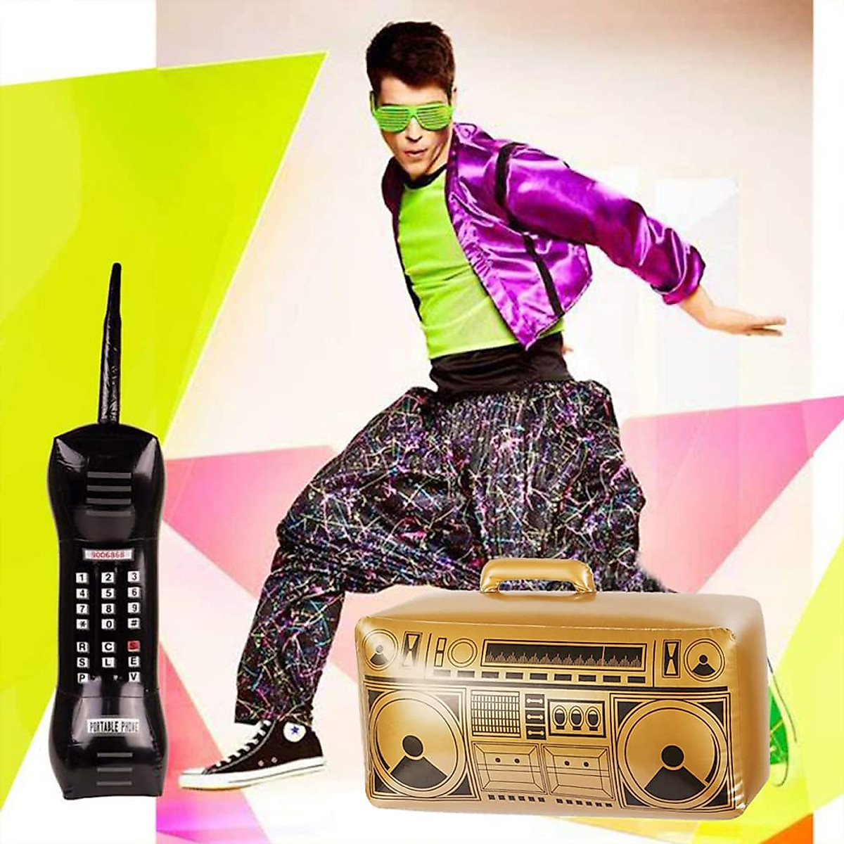 AYRXG 26 Pieces 80s 90s Party Decorations Inflatable Radio Boombox Inflatable Mobile Phone 16 Inch Gold Inflatable Foil Chain Balloons for Cosplay Props Hip Hop Theme Birthdays Weddings Graduations