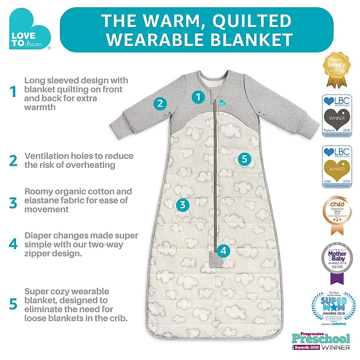 Love to Dream Warm Baby Sleep Bag (18-36 Mo), Super Soft Temp Regulating Sleeping Sack, 2.5TOG Warm Wearable Blanket, Grey