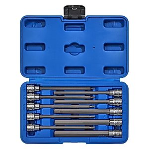 CASOMAN 10 Pieces 3/8 Inch Drive Long Hex Bit Socket Set, 1/16 Inch to 1/2 Inch, SAE, Extra Long Allen Hex Bit Socket Set, CR-V and S2 Steel