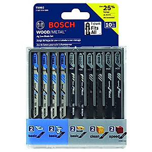 BOSCH T5002 T-Shank Multi-Purpose Jigsaw Blades, 10 Piece, Assorted, Jig Saw Blade Set for Cutting Wood and Metal