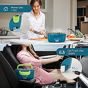bacxigo Electric Lunch Box Food Heater 2-In-1 Portable Food Warmer for Car & Home,Leak Proof,2 Compartments Removable 304 Stainless Steel Container,SS fork & spoon and Carry Bag (green)