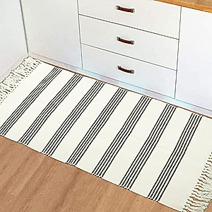 Boho Bathroom Rug 2X3 ft LEEVAN Geometric Cotton Striped Rug with Tassel Door Mat Cotton Line Indoor Floor Mat Bohemian Hand Woven Chic Printed Bedside Rugs for Kitchen Living Room