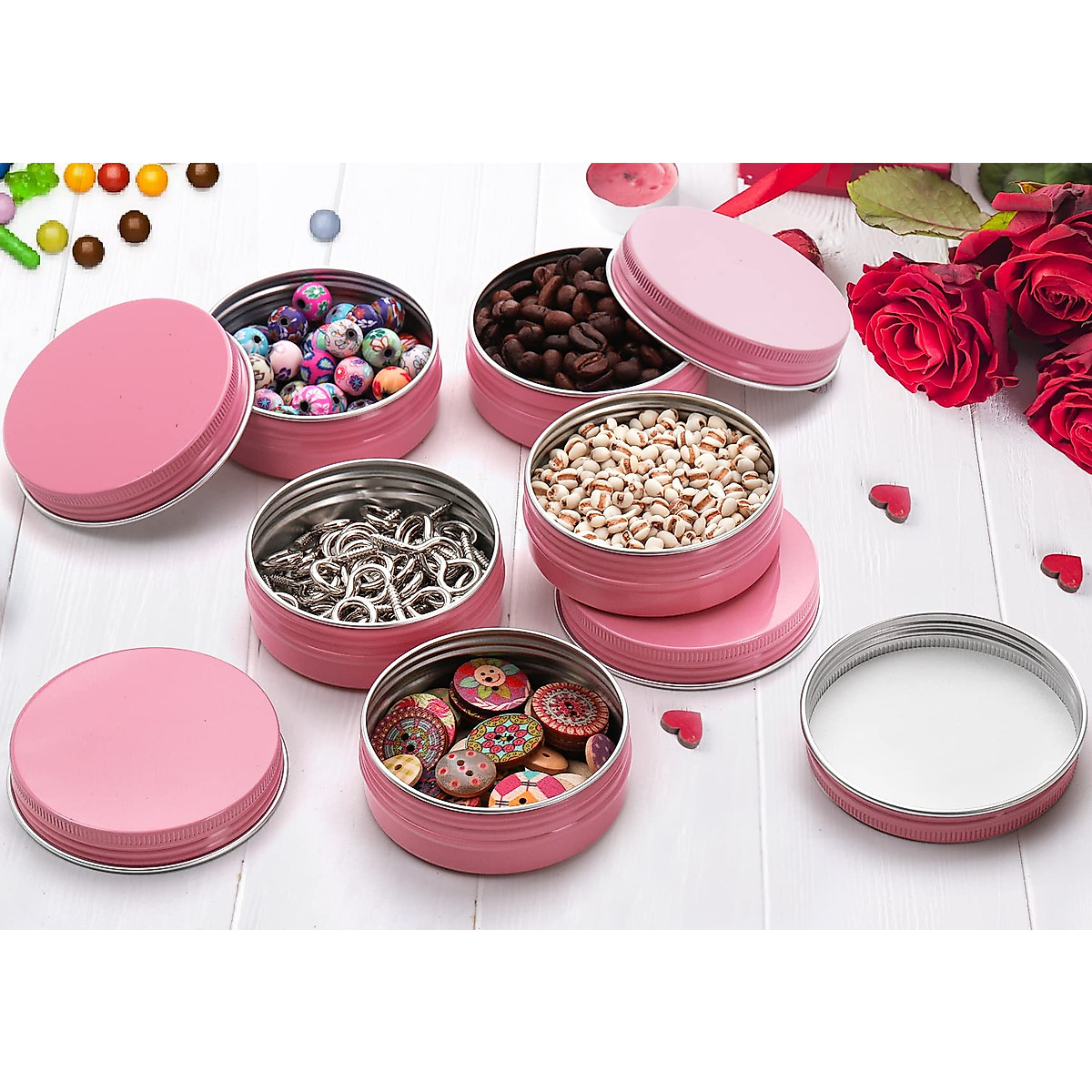 Foraineam 48 Pack 2 oz Screw Top Round Tin Cans with White Labels, Pink Aluminum Cosmetic Sample Containers, Metal Empty Tins Travel Storage Tin Jars for Lip Balm, Salve, Spice, Candy or Crafts