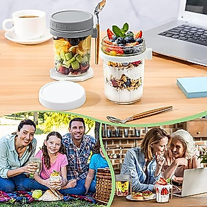 Tekuve 4 Pack Overnight Oats Containers with Lids and Spoon, 16 oz Glass Mason Jars with Airtight Lid for Overnight Oats Meal Prep Chia Yogurt Salad Fruit Gray White