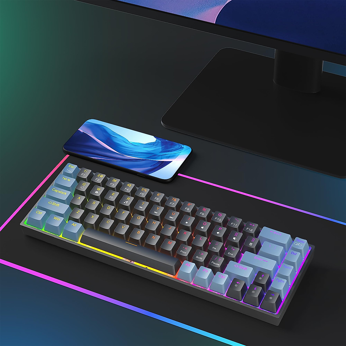 60% Percent Mechanical Gaming Keyboard, RGB Backlit 68 Keys Ultra-Compact Wired Keyboard with Detachable Type-C Cable, Full Anti-Ghost, Blue Switch Portable Mini Keyboard for Windows PC Mac Xbox Gamer