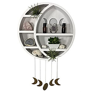 QP Wooden Crescent Moon Shelf for Wall Decorations with 5 Hanging Pendants – Use for Rustic, Boho or Mediation Décor – Moon Phase Wall Hanging for displaying Crystal Décor, Essential Oils and Stones