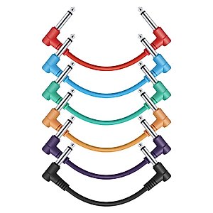 Donner 6 Inch Guitar Patch Colored Cable 6-Pack, TS 1/4" Right Angle to TS 1/4" Right Angle