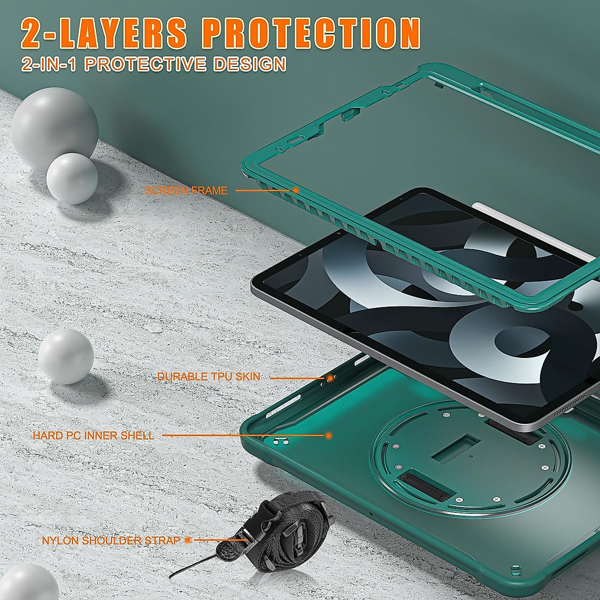 Batianda Case for iPad Pro 11-inch 2022 4th M2 Chip /2021 (3rd Generation) Heavy Duty Rugged Shockproof Tablet Cover with 360° Rotating Hand Strap Foldable Hidden Stand & Shoulder Strap, Teal