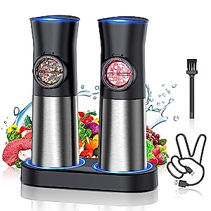Gravity Electric Salt and Pepper Grinder Set - USB Rechargeable Automatic Pepper Mill Grinder - Generous Capacity - Adjustable Fineness - One Handed Operation, Stainless Steel Construction, LED Light