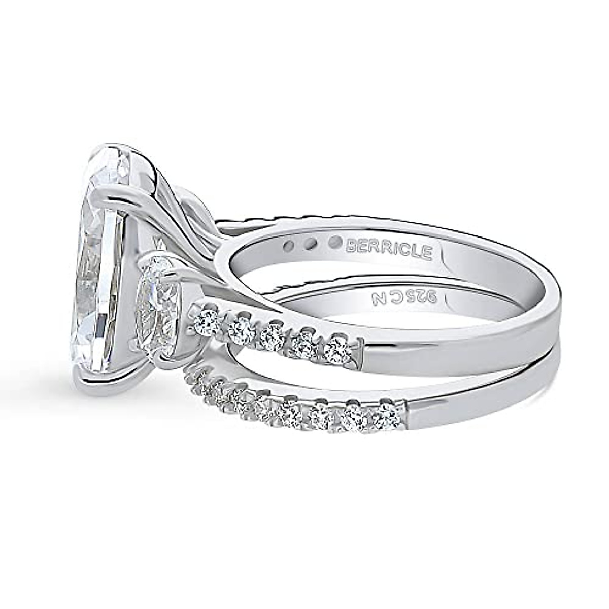 BERRICLE Sterling Silver 3-Stone Wedding Engagement Rings Oval Cut Cubic Zirconia CZ Ring Set for Women, Rhodium Plated Size 8