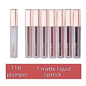 JDEFEG Rouge Lip Gloss 7Pcs Liquid Lipstick + 1Pcs Lip Plumper Makeup Set Kit Long Lasting Velvet Lip Gloss Set Pigmented Lip Makeup Sets For Girls And Women Lip Voltage Plumper(A)