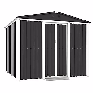 Crownland Outdoor Vented Backyard Garden Storage Shed 6 x 8 Feet Tool House with Sliding Door Outdoor Lawn Steel Roof Sheds (Gray)