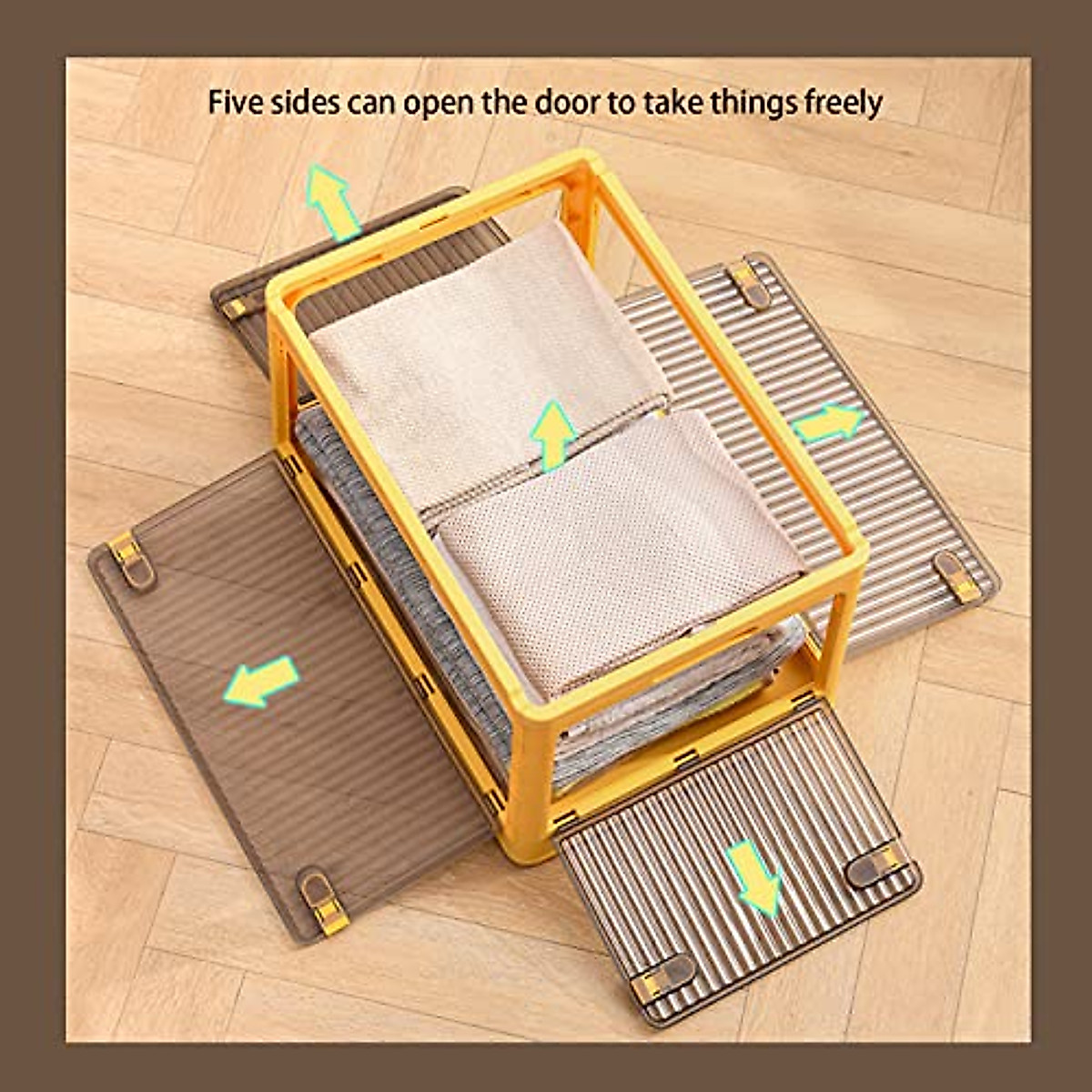 MAOWAPLG Folding Storage Box with Lid and Latches, 30 Qt Clear Stackable Storage Bins with Wheels, 5-Door Small Foldable Plastic Storage Boxes for Organizing Clothes Toy Books Grocery Quilt (1 Pack)