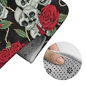 SWEET TANG Super Soft Bathroom Toilet Rug Set 2 Piece, High-Density Foam Contour Bath Mats Intage Red Rose Skull - Non Slip Absorbent Bathroom Mat & U Shaped Toilet Floor Rug