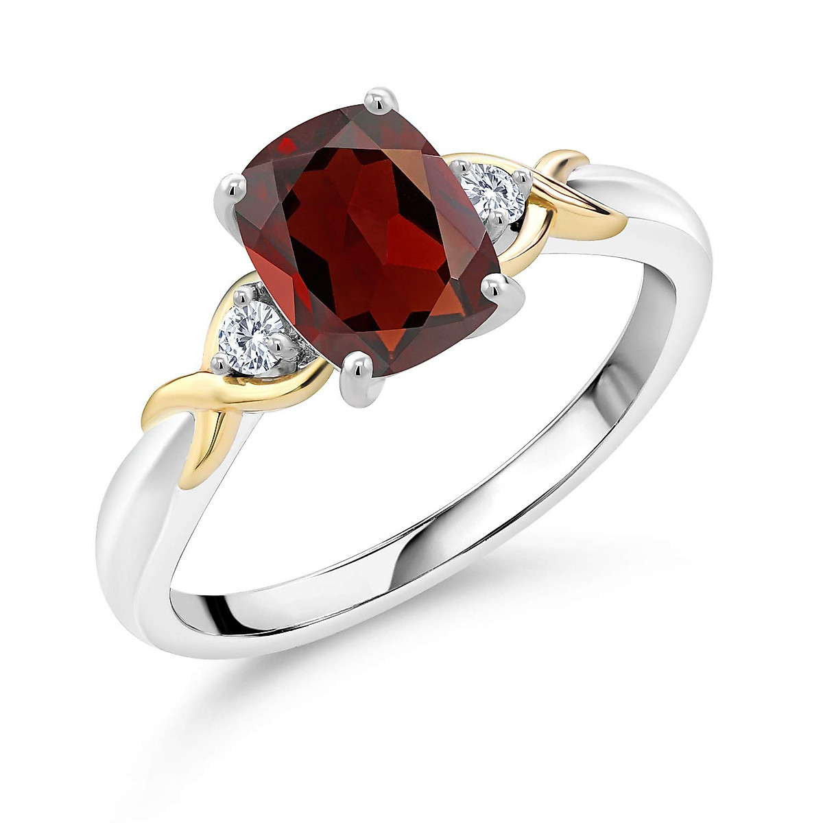 Gem Stone King 925 Silver and 10K Yellow Gold 8X6MM Cushion Cut Gemstone Birthstone and 2MM White Lab Grown Diamond 3-Stone Engagement Ring | Wedding Anniversary Promise Ring For Women