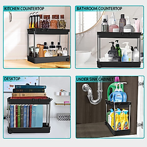 Durmmur [Upgrade Wheels] Under Sink Organizers and Storage, Slide Out Multi-Purpose 2 Tier Bathroom Organization Countertop or Undersink Shelf, Kitchen Under Cabinet Container Basket Caddy with Hooks