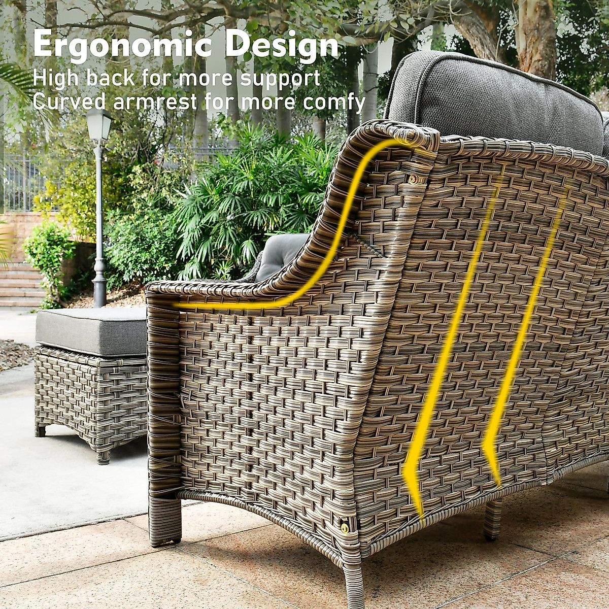 ovios 3 Piece Outdoor Patio Furniture with 3 Seat Sofa & Ottoman,Rattan Wicker Coversation Set with High Back,Sectional Sofa for Outside Porch Balcony Backyard Pool,Dark Grey