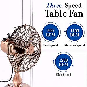 DecoBREEZE Oscillating Table Fan, 3-Speed Portable Fan, Copper, Antique Fan, 10 inches