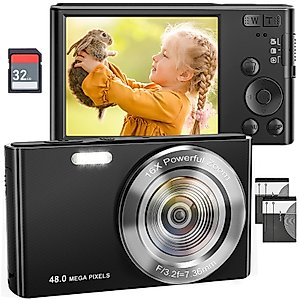 4K Digital Camera, 48MP Compact Camera Autofocus 16X Digital Zoom Portable Camera for Boys, Girls,Adult,Beginners (with 32GB SD Card and 2 Battery)