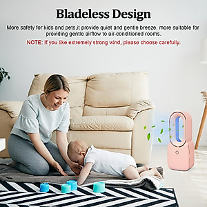 CONBOLA Small Tower Fan, 11.8 Inch Personal Portable Fan Rechargeable, USB Quiet Bladeless Desk Fan with 3 Speeds, Battery Operated Fan with Decorative LED for Office Bedroom Outdoor Table Home(Pink)