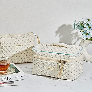 Zeyune 2 Pcs Cotton Quilted Makeup Bag Large Travel Coquette Aesthetic Cute Floral Makeup Bag for Women Girls, Beige