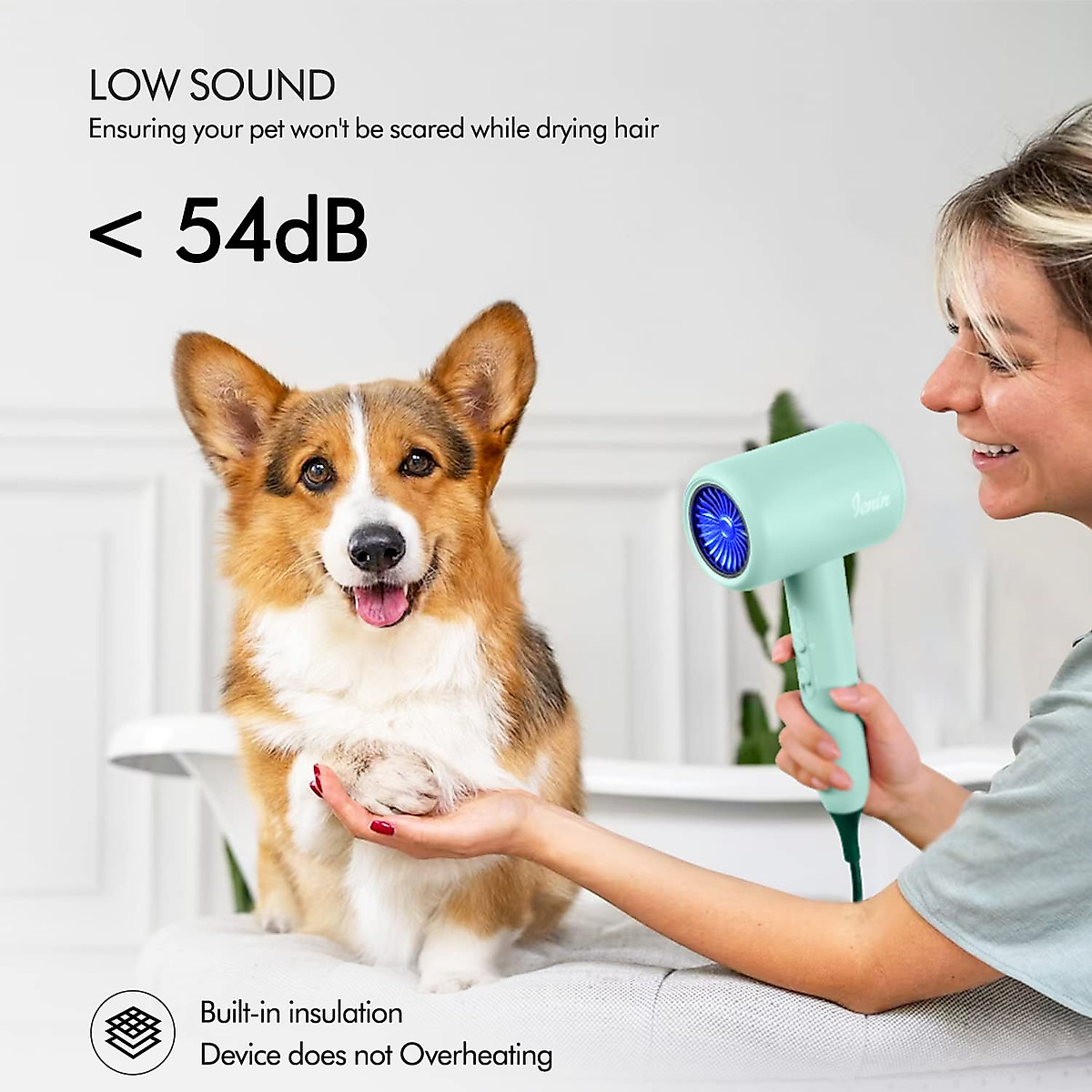 FAVIRZCE Hair Dryer, Portable Ionic Blow Dryer with Diffuser and Concentrator Nozzle, Fast Drying without Hair Damage, Low Noise, Lightweight Travel Hair Dryer, 3 Temps, Mint Green