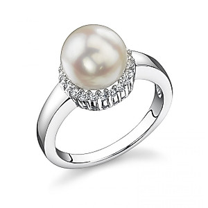 The Pearl Source 8-8.5mm Genuine White Japanese Akoya Saltwater Cultured Pearl Ashley Ring for Women