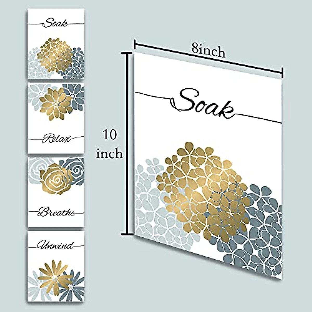 Unframed Relax Soak Unwind Breathe Bathroom Wall Decor - Paintlig 8x10 inch Bathroom Wall Art, Abstract Flowers Gold Foil Print Bathroom Decor Wall Art, Set of 4 Bathroom Pictures for Wall Decor, Bathroom Art (Gold)