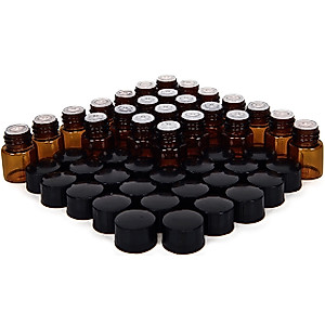 24, Amber, 1 ml (1/4 Dram) Glass Bottles, with Orifice Reducers and Black Caps