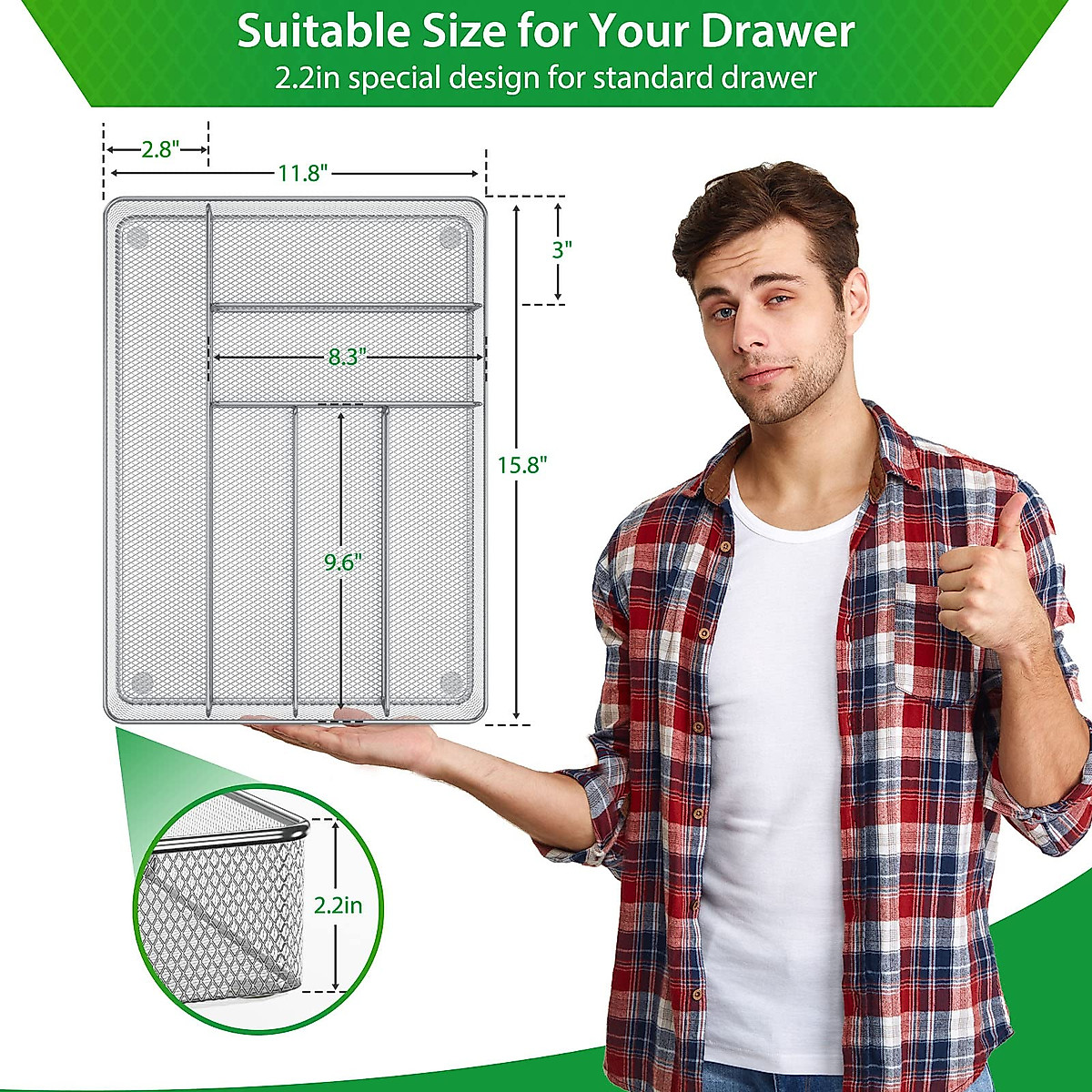 Pipishell Mesh Drawer Organizer Tray for Cutlery Silverware Flatware, 6 Compartments Kitchen Utensils Holder with Anti-slip Mats, Drawer Dividers for Knives Fork Spoon Office Supplies, Large