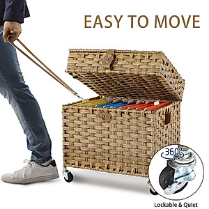 ETRONIK Rolling File Cabinet, Updated 2 Layer File Cabinets for Home Office, Hand Woven File Box with Wheels, File Organizer for Hanging Letter Size Folder, Home Decorative Document Basket, Flaxen