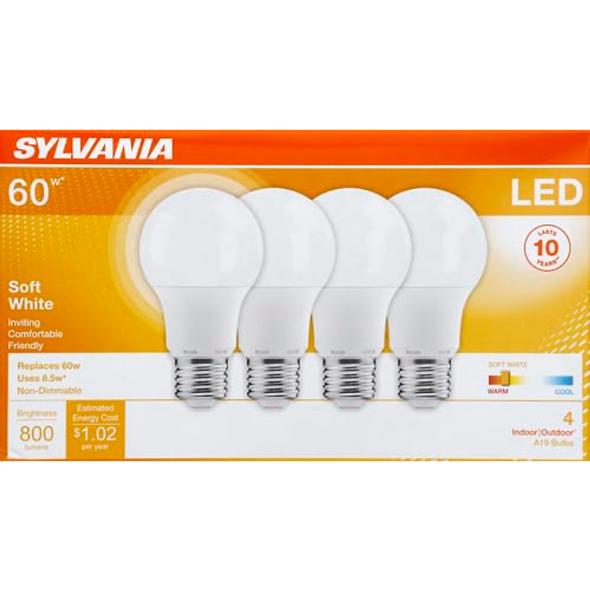 SYLVANIA LED A19 Light Bulb, 60W Equivalent Efficient 8.5W Medium Base, 2700K Soft White, 4 pack