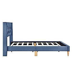 Lifeand Full Size Upholstered Platform Bed with Rubber Wood Legs,No Box Spring Needed, Linen Fabric,Blue