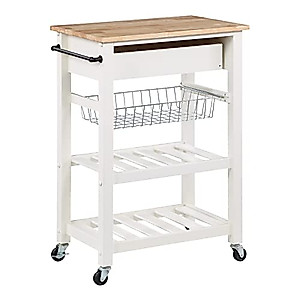 OS Home and Office Furniture Model HMPNW-11 Hampton Kitchen Cart in White with Solid Rubberwood Top