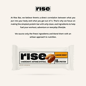 Rise Whey Protein Bars - Almond Honey | Healthy Breakfast Bar & Protein Snacks, 18g Protein, 4g Fiber, Just 3 Whole Food Ingredients, Non-GMO Healthy Snacks, Gluten-Free, Soy Free Bar, 12 Pack