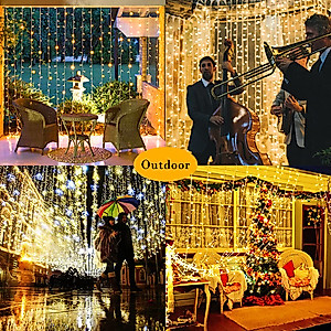 Upgraded Solar Curtain Lights Outdoor Garden Fairy String Lights 300 LED 8 Modes Remote Control Waterproof Solar Waterfall Lights for Gazebo Patio Party Festival Wedding Christmas Decorations(Warm)